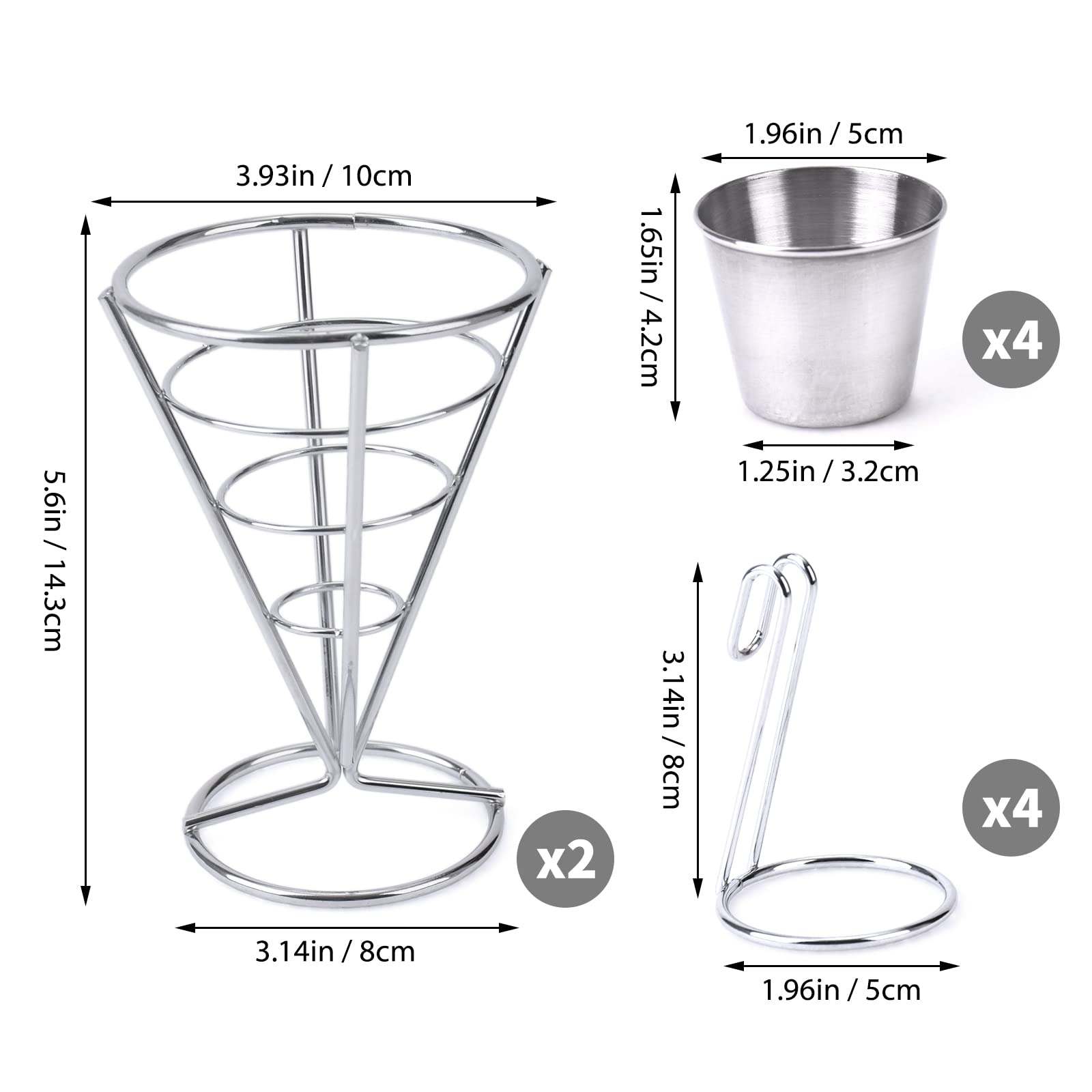 Eyourlife 2 Pieces French Fry Serving Stands with Double Sauce Holders, Stainless Steel Fry Cone Basket, Fish and Chips Holder, for Restaurant Cafe Table Food Serving