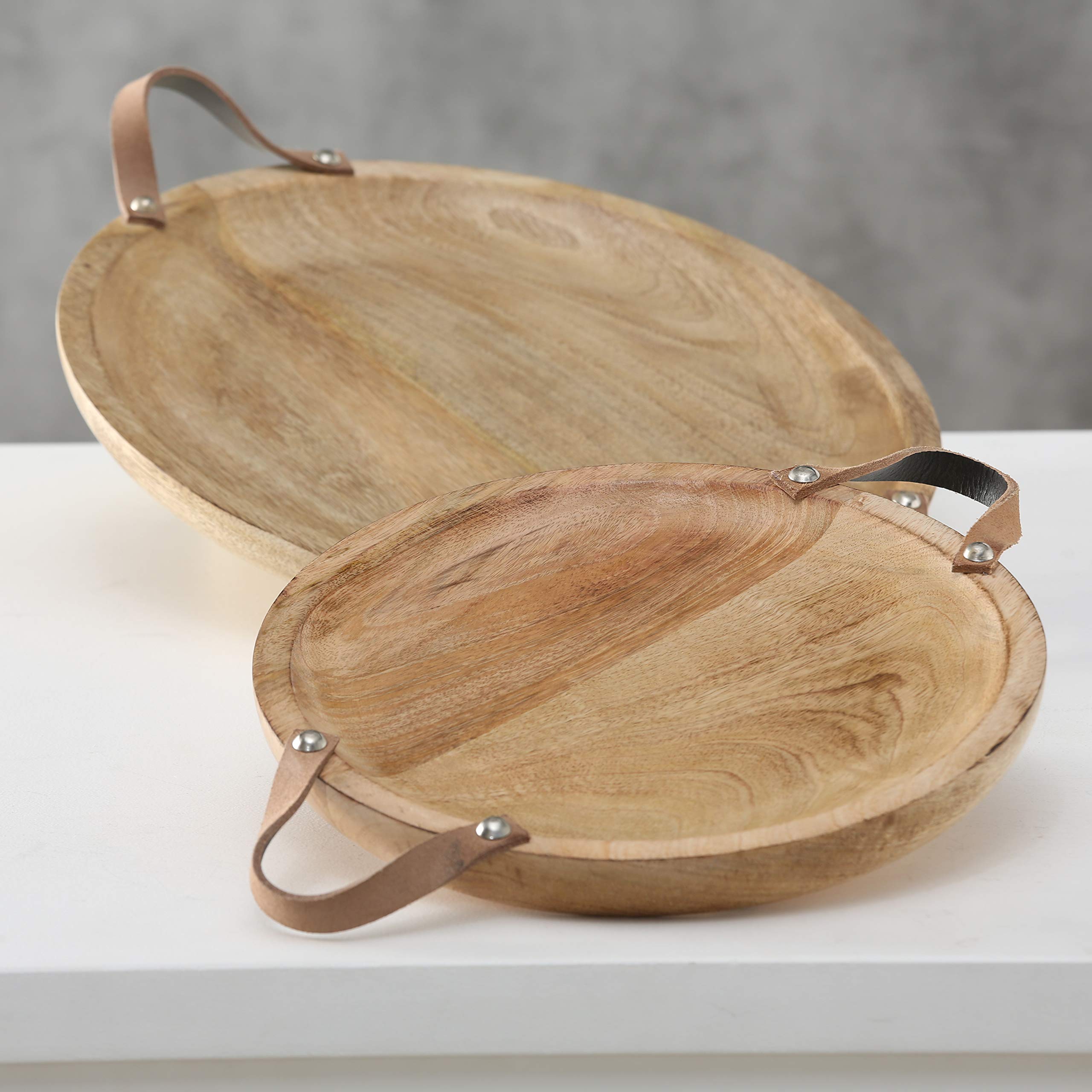 WHW Whole House Worlds Mango Wood Board Server Trays, Set of 2, Brown Leather Handles, Rustic Rounds, 15 and 12 Inches Diameter