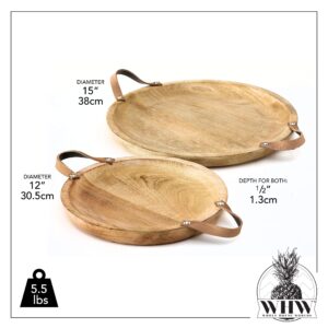 WHW Whole House Worlds Mango Wood Board Server Trays, Set of 2, Brown Leather Handles, Rustic Rounds, 15 and 12 Inches Diameter