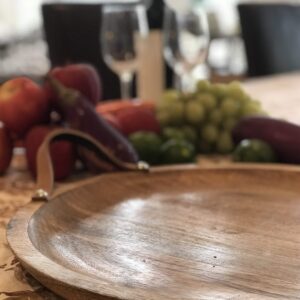 WHW Whole House Worlds Mango Wood Board Server Trays, Set of 2, Brown Leather Handles, Rustic Rounds, 15 and 12 Inches Diameter