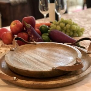 WHW Whole House Worlds Mango Wood Board Server Trays, Set of 2, Brown Leather Handles, Rustic Rounds, 15 and 12 Inches Diameter