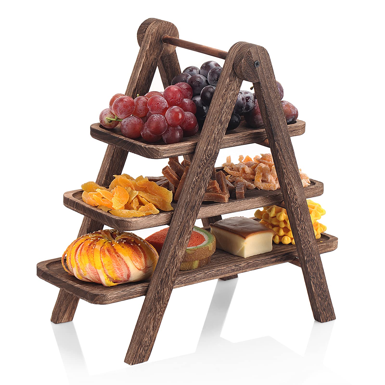 Nynelly Wood Tiered Serving Tray, 3 Tier Serving Stand, Wooden Serving Tray for Entertaining Serving Platter with Collapsible Stand for Picnic Party,Party Serving Trays and Platters