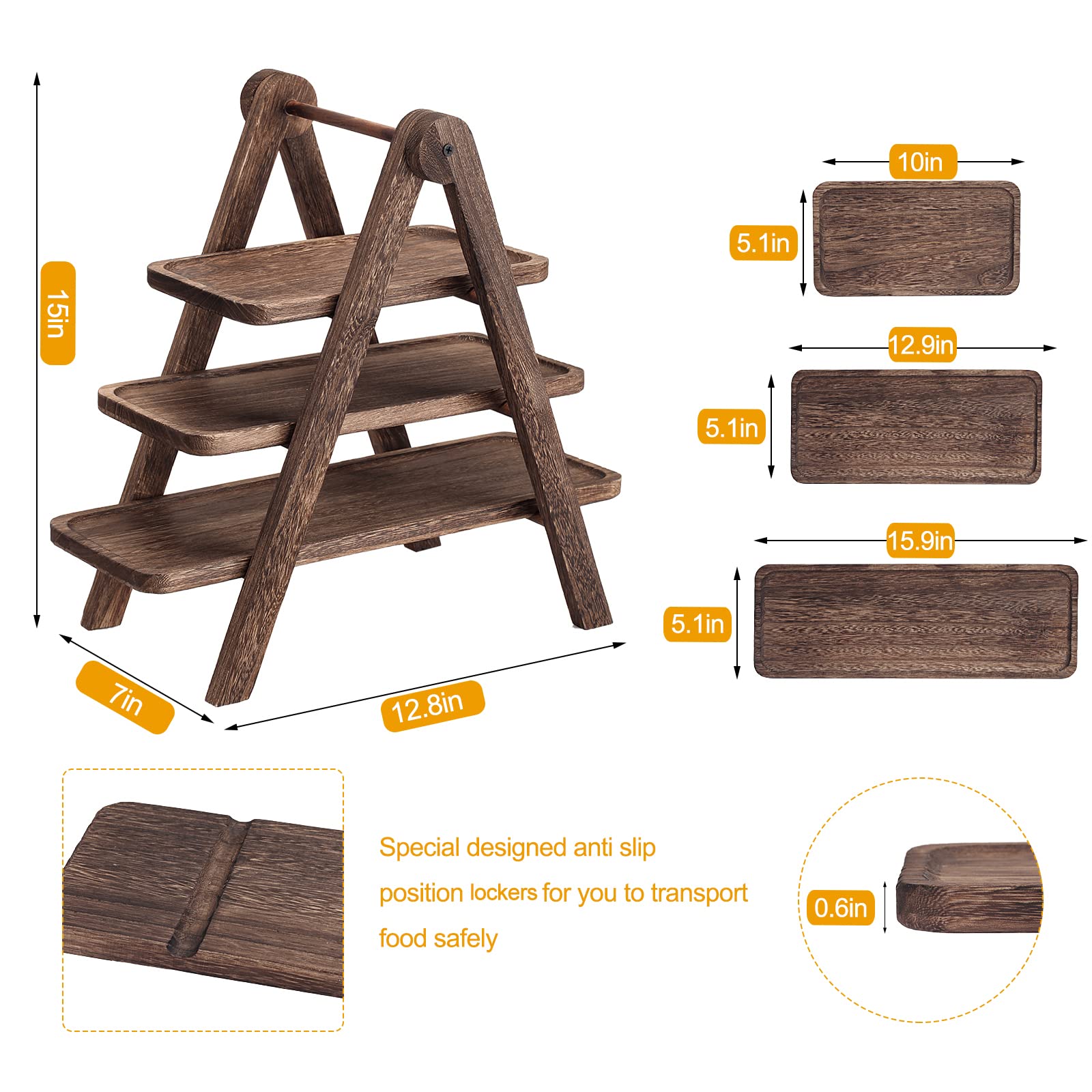 Nynelly Wood Tiered Serving Tray, 3 Tier Serving Stand, Wooden Serving Tray for Entertaining Serving Platter with Collapsible Stand for Picnic Party,Party Serving Trays and Platters