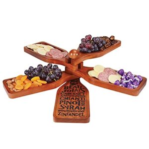 primeware wine appetizer plate set - mahogany wood wine bottle shaped serving platters with display stand hold meat, cheese, fruit, wine glasses