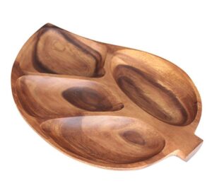 acacia premium leaf shaped wooden 4-compartment divided wood accent-plates divided dessert dish serving trays platters 4 section