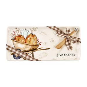 mud pie thanksgiving pumpkin wheelbarrow hostess platter set, multi, tray 7" x 15" | spreader 6 1/4"