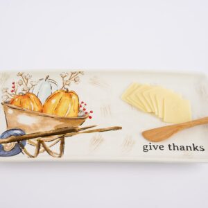 Mud Pie Thanksgiving Pumpkin Wheelbarrow Hostess Platter Set, Multi, Tray 7" x 15" | Spreader 6 1/4"