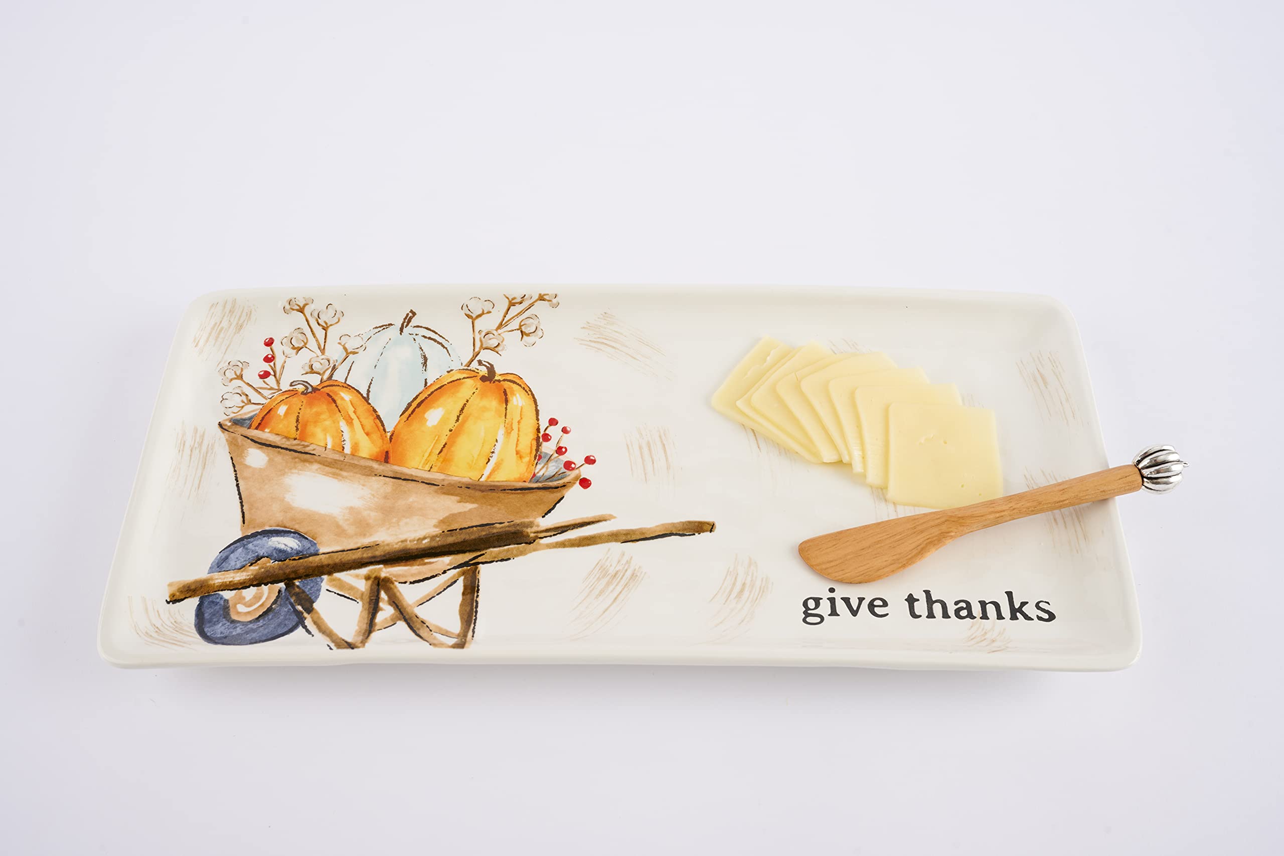 Mud Pie Thanksgiving Pumpkin Wheelbarrow Hostess Platter Set, Multi, Tray 7" x 15" | Spreader 6 1/4"