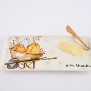 Mud Pie Thanksgiving Pumpkin Wheelbarrow Hostess Platter Set, Multi, Tray 7" x 15" | Spreader 6 1/4"