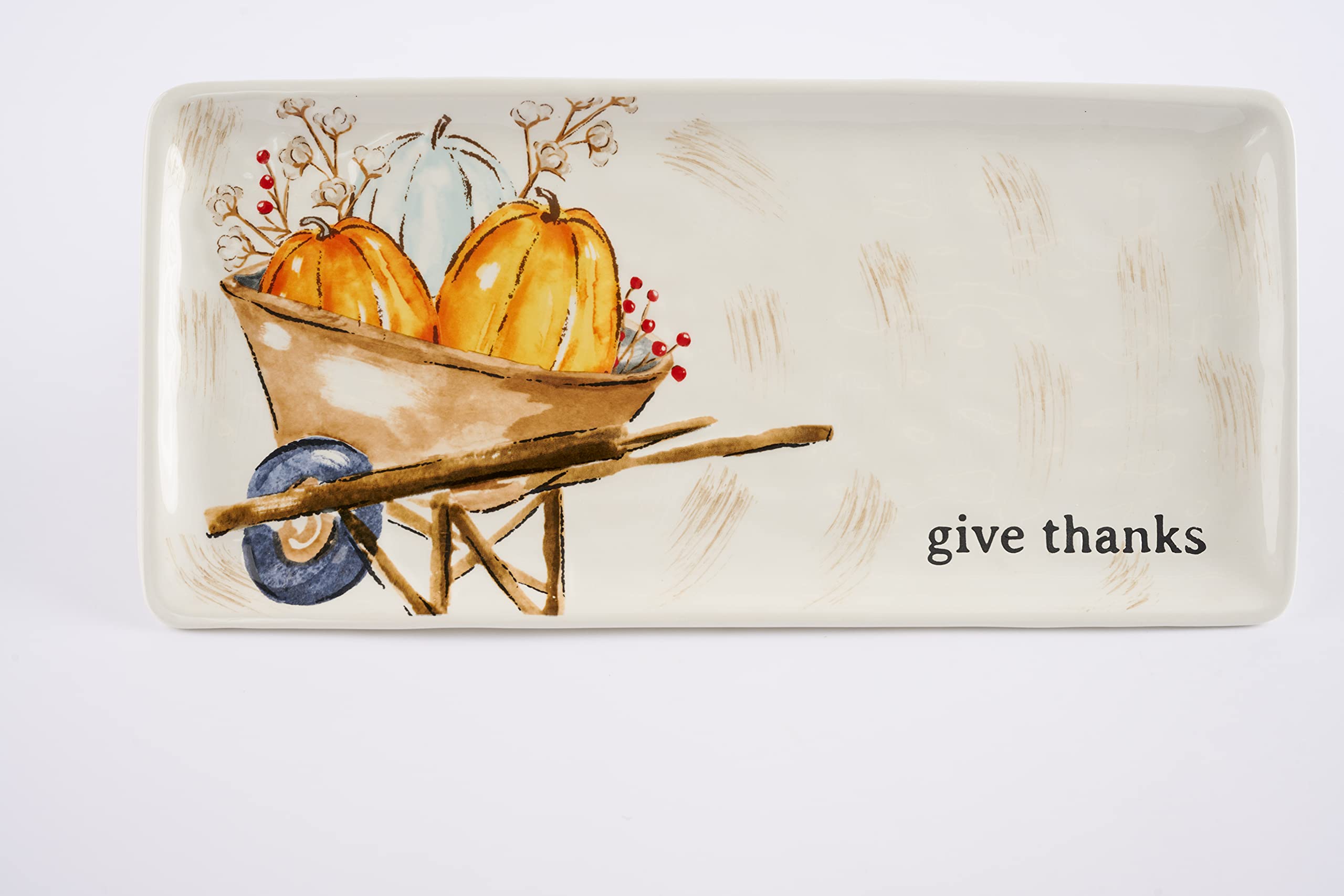 Mud Pie Thanksgiving Pumpkin Wheelbarrow Hostess Platter Set, Multi, Tray 7" x 15" | Spreader 6 1/4"