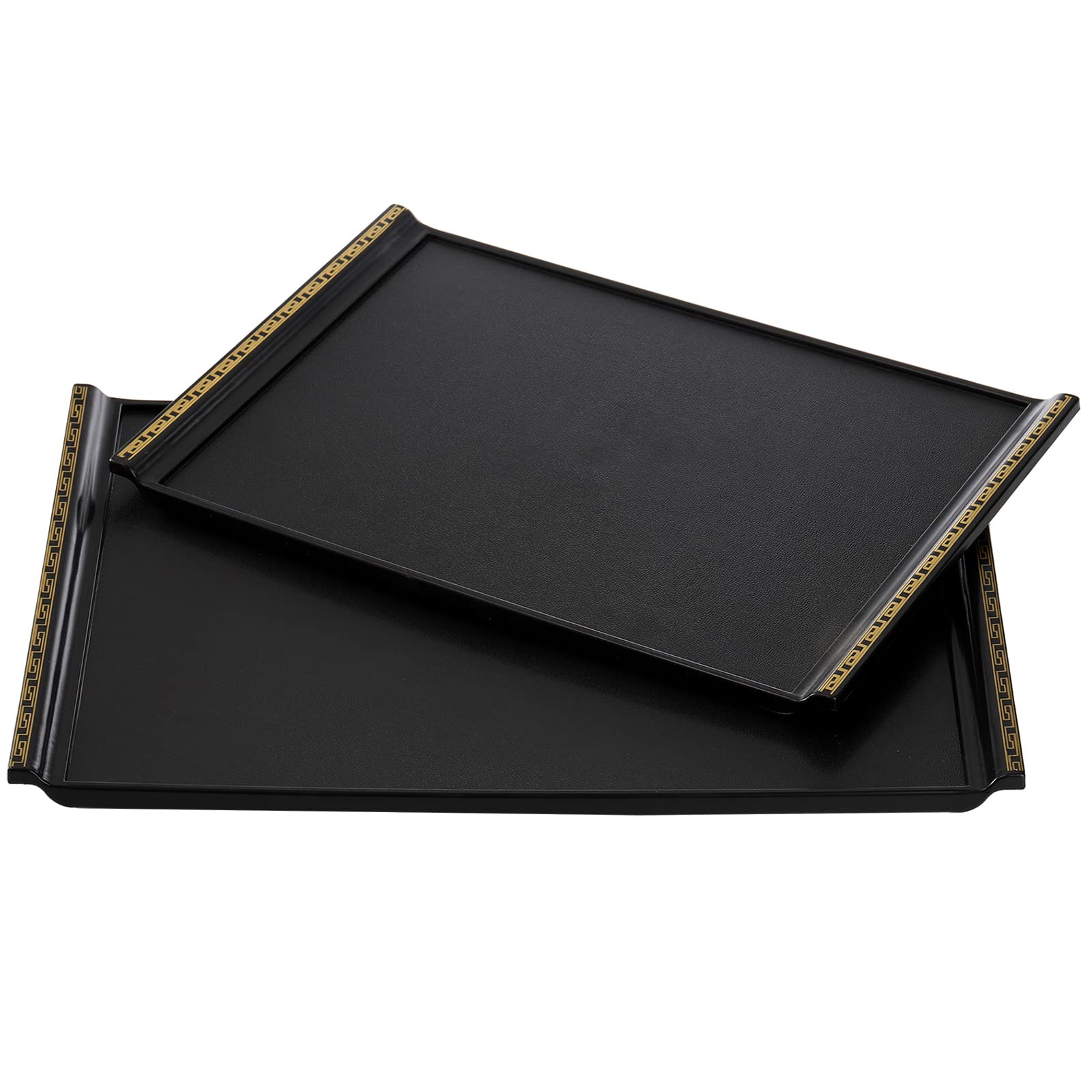 ZENFUN 2 Pack Black Rectangular Serving Trays with Golden Edge, Plastic Restaurant Serving Platters Stylish Non Slip Food Tray Multi-Purpose for Coffee Table, Kitchen, 16.7'', 14.7''