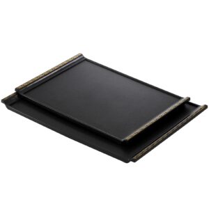 ZENFUN 2 Pack Black Rectangular Serving Trays with Golden Edge, Plastic Restaurant Serving Platters Stylish Non Slip Food Tray Multi-Purpose for Coffee Table, Kitchen, 16.7'', 14.7''