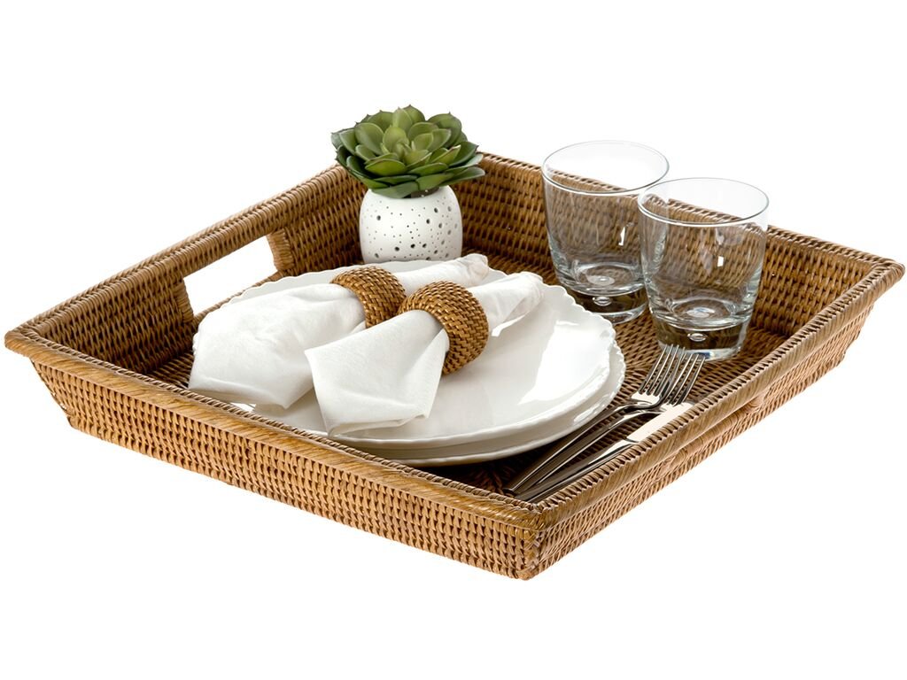 KOUBOO 1020046 La Jolla Rattan Square Serving Tray, 17.5" x 17.5" x 2.75", Honey Brown