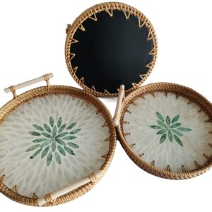 MEJEJO Set 3 Pack Round Rattan Wicker Tray with Mother of Pearl Inlay Wooden Handle for Fruit Serving, Coffee Table Tray, Vanity Tray Organizer for Kitchen, Storage and Display (Leaf)