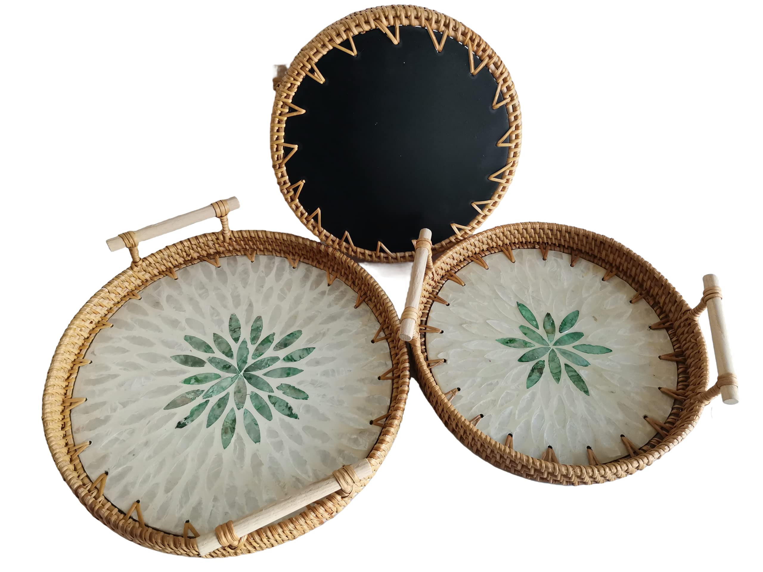 MEJEJO Set 3 Pack Round Rattan Wicker Tray with Mother of Pearl Inlay Wooden Handle for Fruit Serving, Coffee Table Tray, Vanity Tray Organizer for Kitchen, Storage and Display (Leaf)