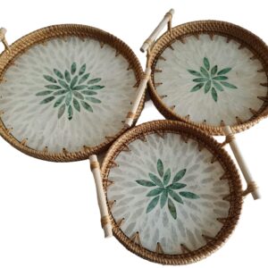 MEJEJO Set 3 Pack Round Rattan Wicker Tray with Mother of Pearl Inlay Wooden Handle for Fruit Serving, Coffee Table Tray, Vanity Tray Organizer for Kitchen, Storage and Display (Leaf)