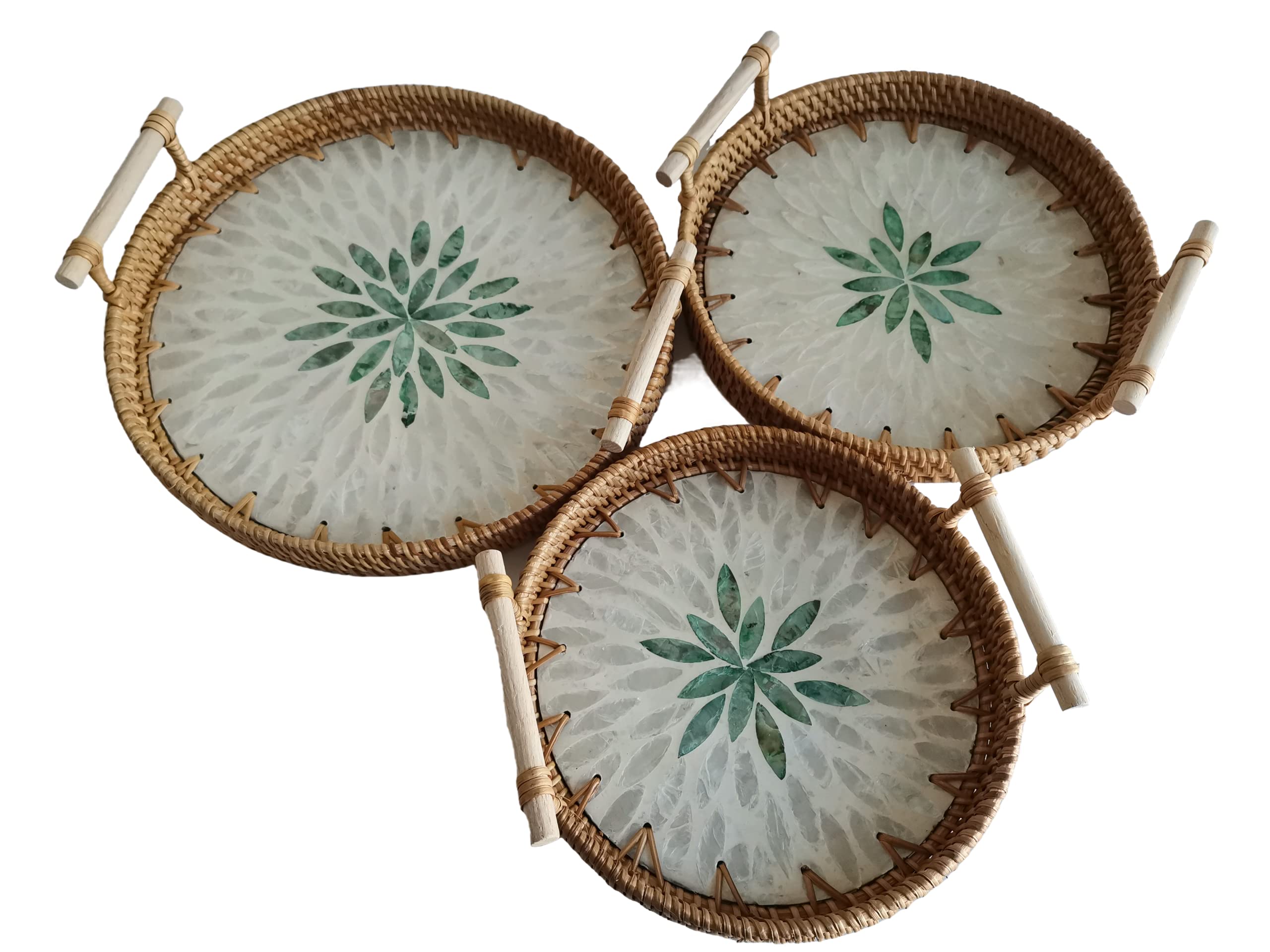 MEJEJO Set 3 Pack Round Rattan Wicker Tray with Mother of Pearl Inlay Wooden Handle for Fruit Serving, Coffee Table Tray, Vanity Tray Organizer for Kitchen, Storage and Display (Leaf)