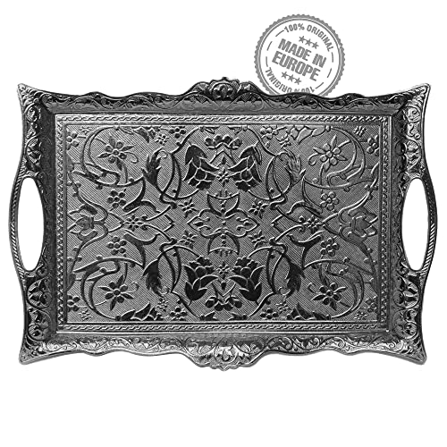 Fancy Coffee Tea Beverage Serving Tray Rectangular (Antique Silver)