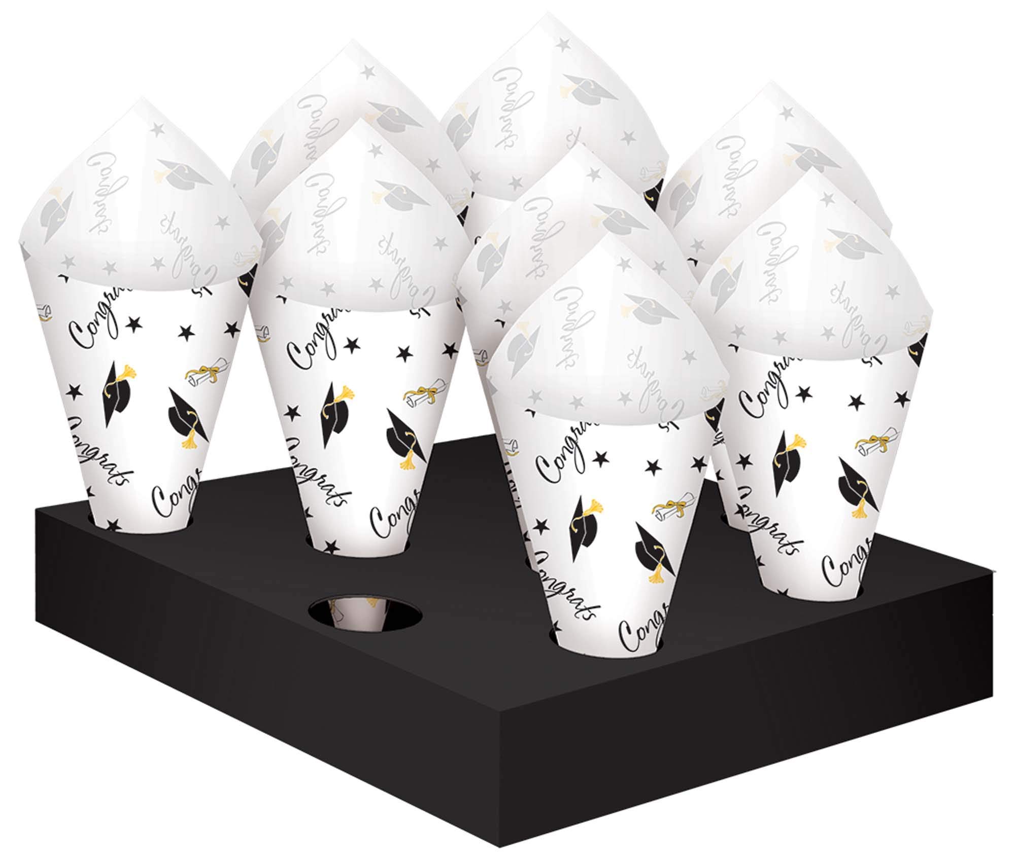 Deluxe Black, Silver, Gold Graduation Snack Cones w/Trays - (Pack of 42) | Perfect for Parties, Celebrations & Events