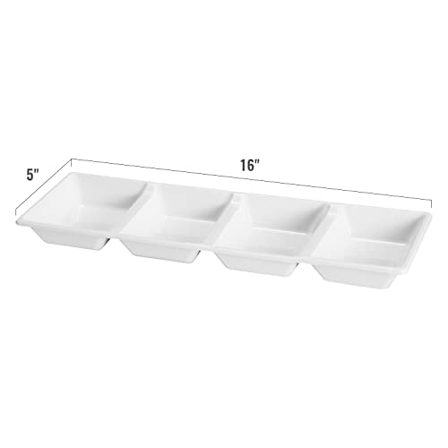 4-Section Food Trays, White Disposable Plastic Dessert Condiment Serving Dishes, Candies, Slice Fruits Platters for Birthday & All Occasions, 24 pcs (16" x 5" Tray, White)