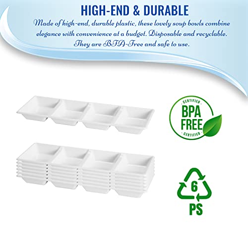 4-Section Food Trays, White Disposable Plastic Dessert Condiment Serving Dishes, Candies, Slice Fruits Platters for Birthday & All Occasions, 24 pcs (16" x 5" Tray, White)