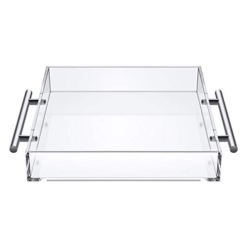 KINSONG Clear Acrylic Serving Tray 10x10 Inch,Silver Handle Breakfast Decorative Trays for Ottoman Coffee Table