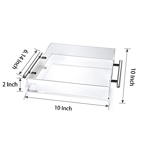 KINSONG Clear Acrylic Serving Tray 10x10 Inch,Silver Handle Breakfast Decorative Trays for Ottoman Coffee Table