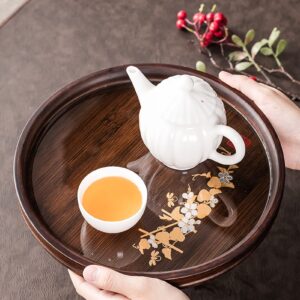 Fishawk Bamboo Tea Tray, Japanese Tea Serving Tray, Chinese Gongfu Tea Cup Plate Food Tray, Resin Decorative Table Tray for Home Breakfast in Bed Coffee Water Storage(Round trumpet)