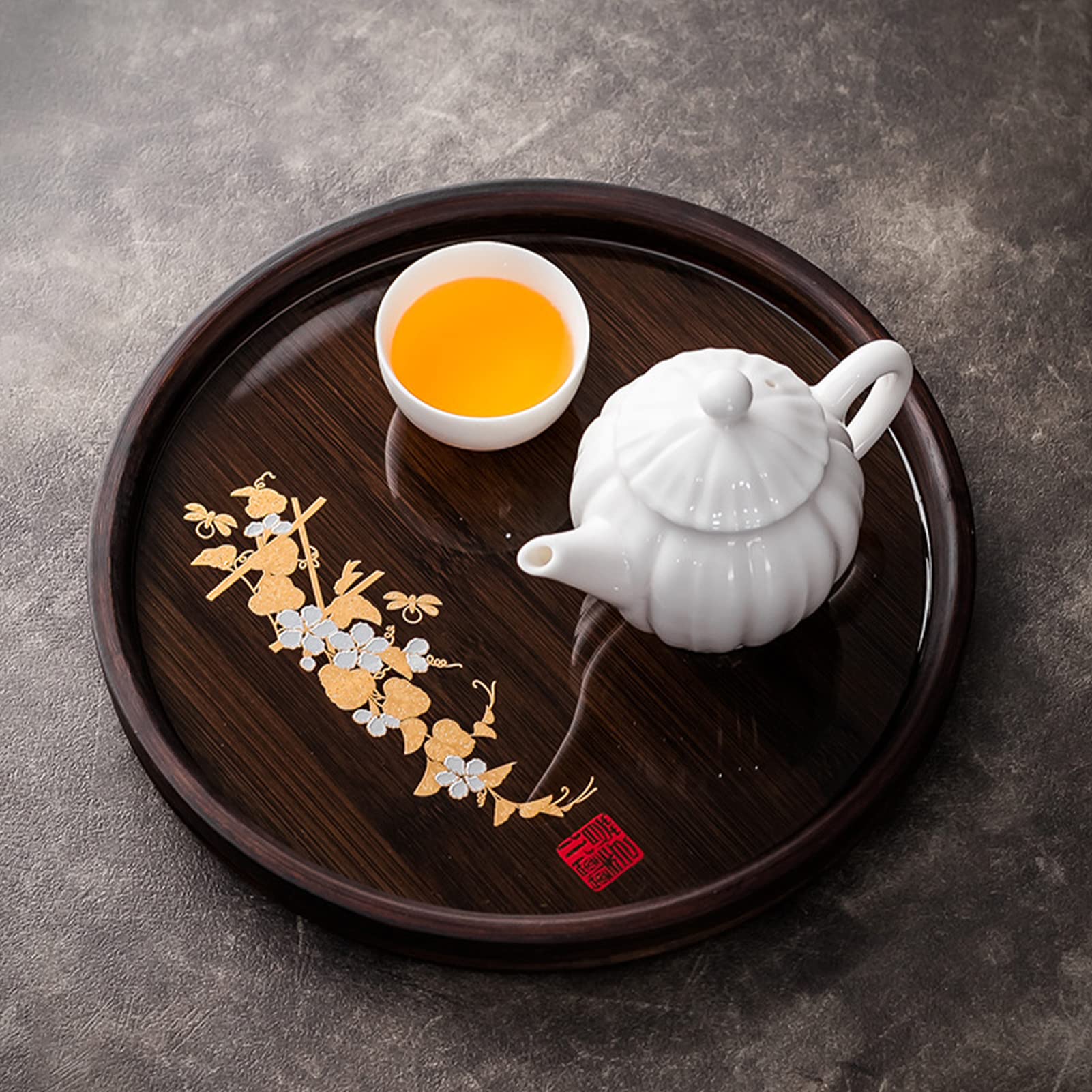 Fishawk Bamboo Tea Tray, Japanese Tea Serving Tray, Chinese Gongfu Tea Cup Plate Food Tray, Resin Decorative Table Tray for Home Breakfast in Bed Coffee Water Storage(Round trumpet)