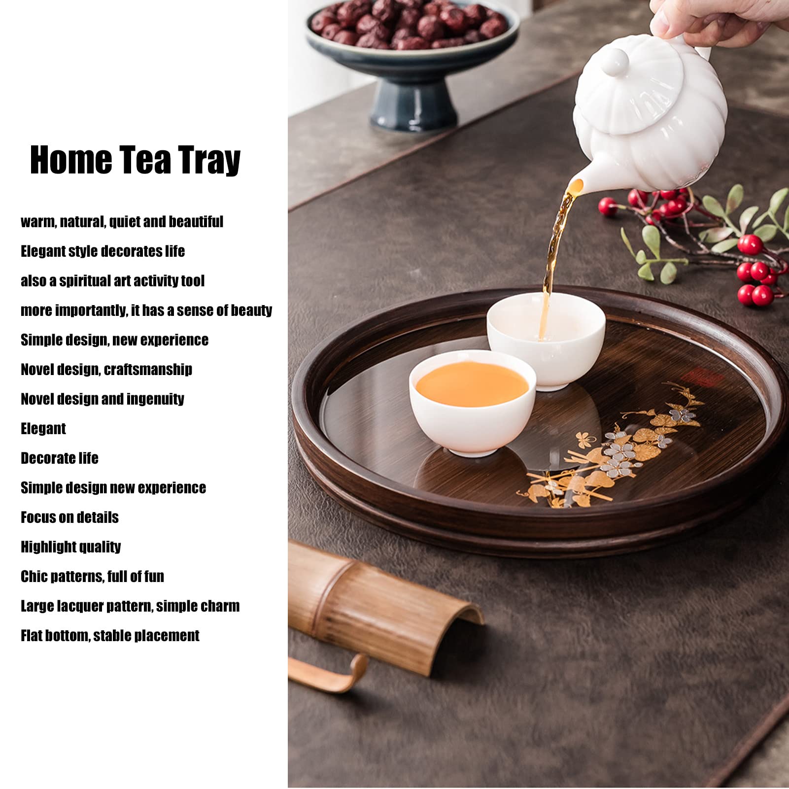 Fishawk Bamboo Tea Tray, Japanese Tea Serving Tray, Chinese Gongfu Tea Cup Plate Food Tray, Resin Decorative Table Tray for Home Breakfast in Bed Coffee Water Storage(Round trumpet)