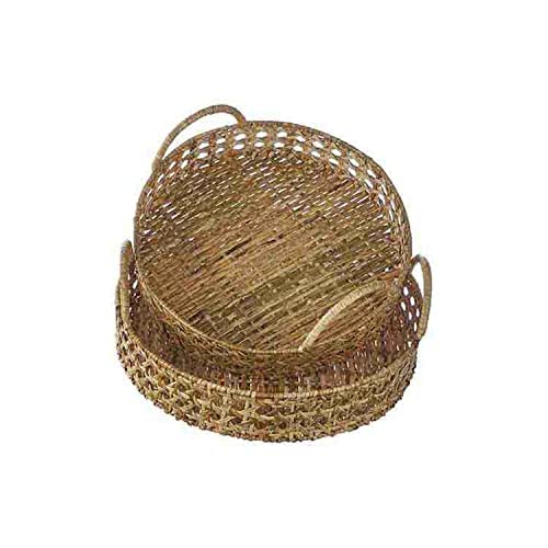 First of a Kind Rattan Tray with Handles - Natural Wicker Round Decorative Tray - Serving Trays for Fruit, Bread, Coffee Table & Home Decor - Hand Woven Rattan Basket (Set of 2-20 Inch)