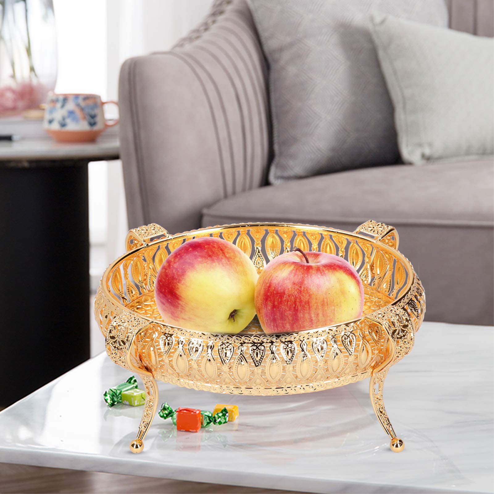 LIZEALUCKY Golden Fruit Tray Zinc Alloy Retro Style Candy Serving Plate Oval Snack Dessert Storage Plates for Cupcake Display Birthday Party Dessert Wedding Decoration