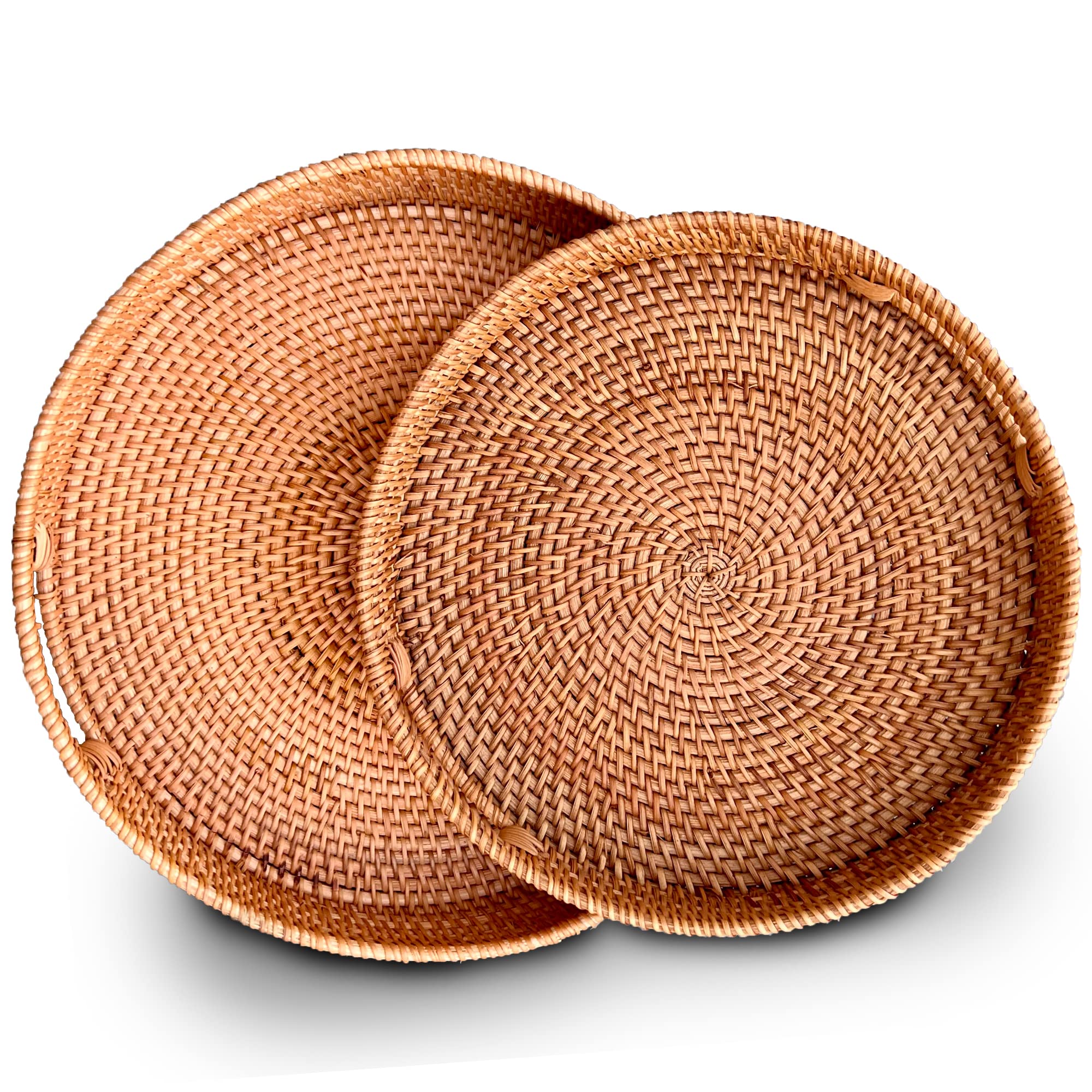 HOMESSENT Round Rattan Tray - Natural Rustic & Sturdy Wicker Tray with Cut-Out Handles - Hand Woven Tray for Storage & Decoration – Lightweight Tray for Serving Coffee, Fruits & Drinks (Set of 2: M+L)