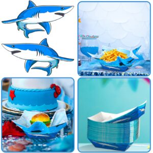 100 Pcs Shark Party Supplies Serves 50, Shark Paper Food Trays Food Boats with Wax Paper Sheets for Birthday Party Shark Party Favors Decoration