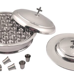 Mayur Exports Communion Ware Holy Wine Serving Tray with A Lid & A Stacking Bread Plate with A Lid + 40 Cups - Stainless Steel (Mirror/Silver)