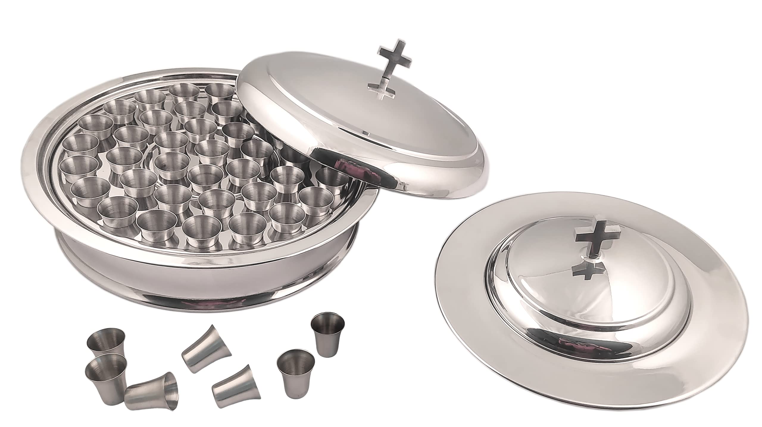 Mayur Exports Communion Ware Holy Wine Serving Tray with A Lid & A Stacking Bread Plate with A Lid + 40 Cups - Stainless Steel (Mirror/Silver)