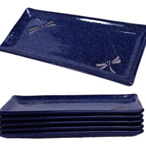 Ebros Pack Of 6 Made In Japan Tombo Dragonfly Midnight Blue Ceramic Sushi Or Sashimi 11" Long Platter Plate Appetizer Dinner Entrée Dessert Serveware Japanese Home Decor Dining Housewarming Gift