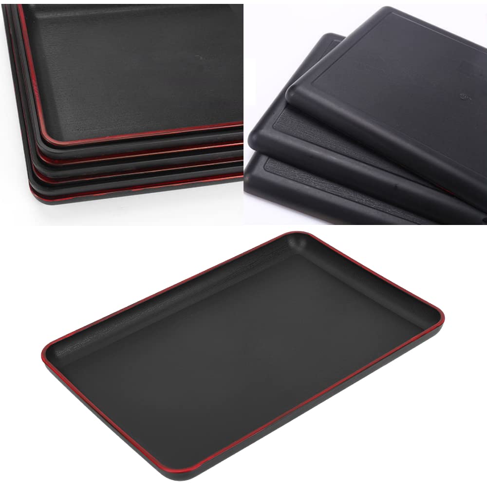 Rectangle Serving Tray,Tea Serving Tray， Bent Ply Tray,Fast Food Cafeteria Tray,Non-Slip Multi-Purpose Plastic Cafeteria Tray for Coffee Table, Kitchen, Parties，Black&Red (11.8 * 7.9 in)