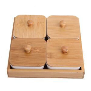 ceramic appetizer serving plate with bamboo tray cover for fruits nuts desserts fit for wide variety of desktop decoration(four compartments with cover)