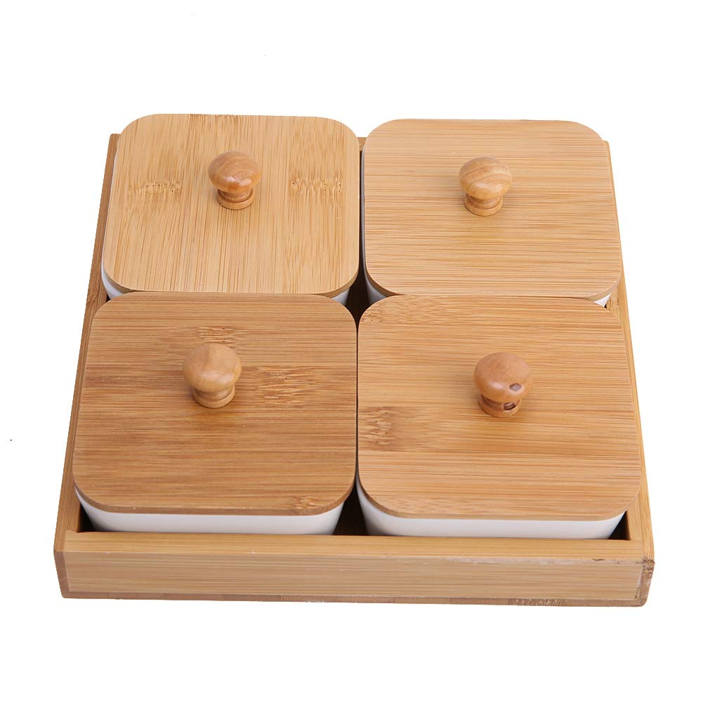 Ceramic Appetizer Serving Plate with Bamboo Tray Cover for Fruits Nuts Desserts fit for Wide Variety of Desktop Decoration(Four compartments with Cover)