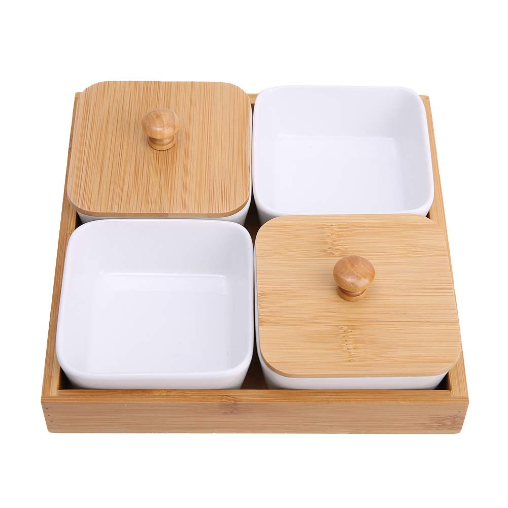 Ceramic Appetizer Serving Plate with Bamboo Tray Cover for Fruits Nuts Desserts fit for Wide Variety of Desktop Decoration(Four compartments with Cover)