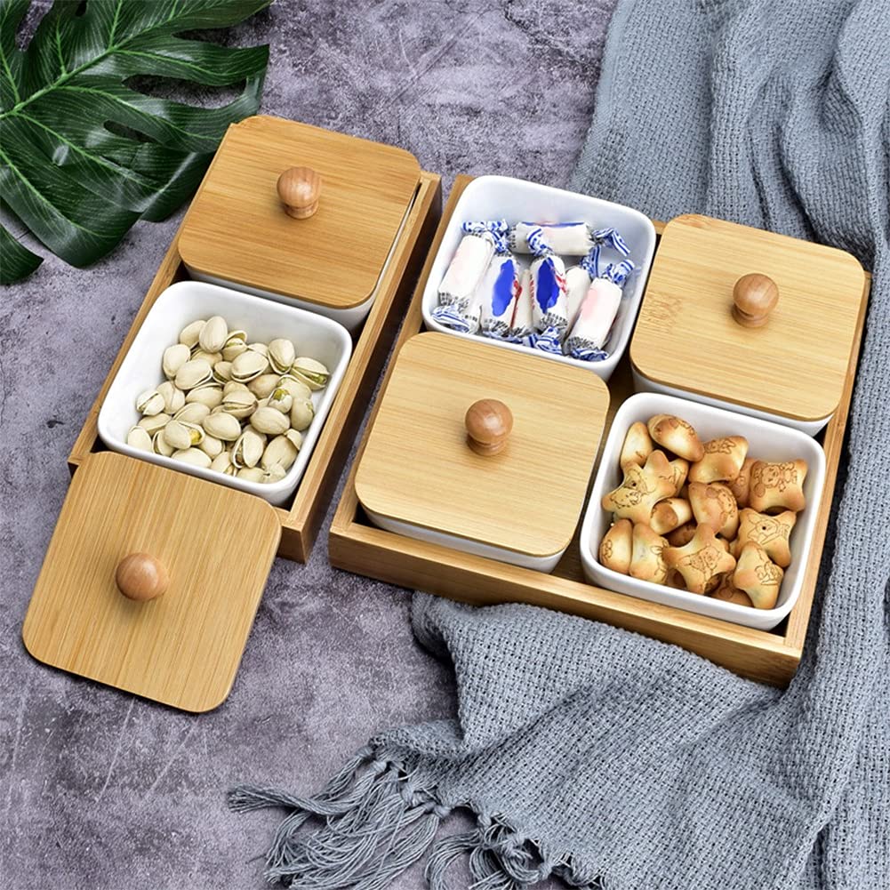 Ceramic Appetizer Serving Plate with Bamboo Tray Cover for Fruits Nuts Desserts fit for Wide Variety of Desktop Decoration(Four compartments with Cover)