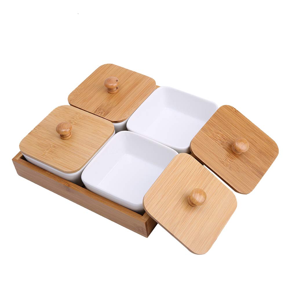 Ceramic Appetizer Serving Plate with Bamboo Tray Cover for Fruits Nuts Desserts fit for Wide Variety of Desktop Decoration(Four compartments with Cover)