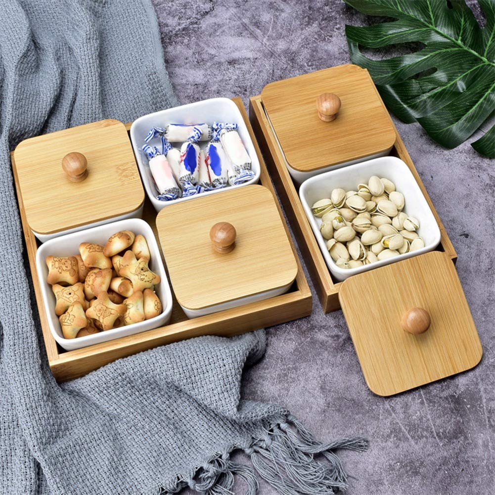 Ceramic Appetizer Serving Plate with Bamboo Tray Cover for Fruits Nuts Desserts fit for Wide Variety of Desktop Decoration(Four compartments with Cover)