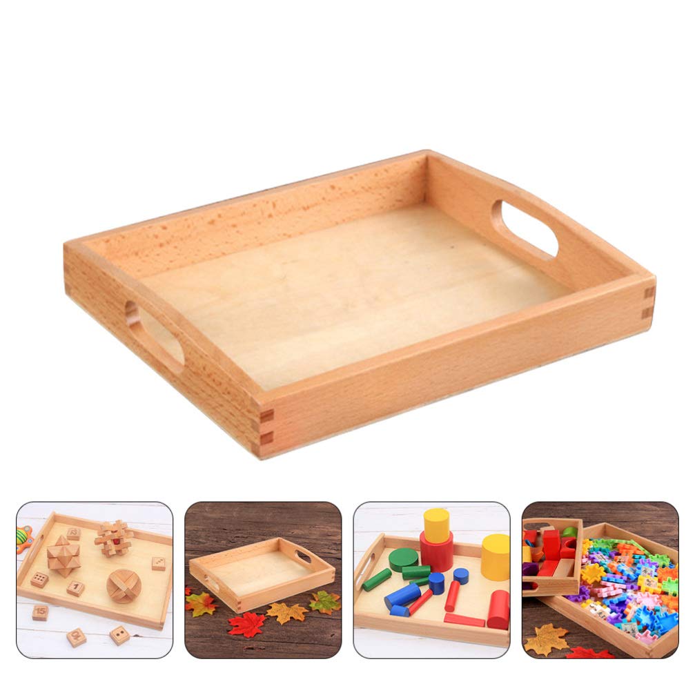 Kisangel Wooden Storage Tray Kids Toy Box Tray Serving Tray with Handle Multi Use Storage Plate Board for Tea Food Makeup Items Sundries Size M