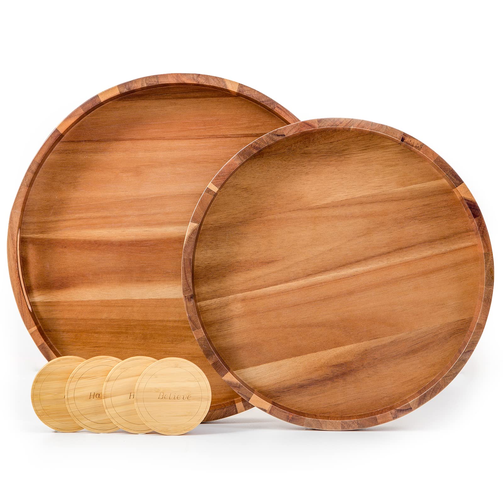 Full Solid Round Decorative Serving Tray | Farmhouse Style Acacia Wood Trays for Ottoman Coffee Table Bath Counter Organizer Tray | Kitchen Tray Platter Living Room Candle Decor | for All Occasion