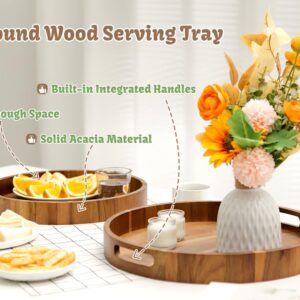 Full Solid Round Decorative Serving Tray | Farmhouse Style Acacia Wood Trays for Ottoman Coffee Table Bath Counter Organizer Tray | Kitchen Tray Platter Living Room Candle Decor | for All Occasion