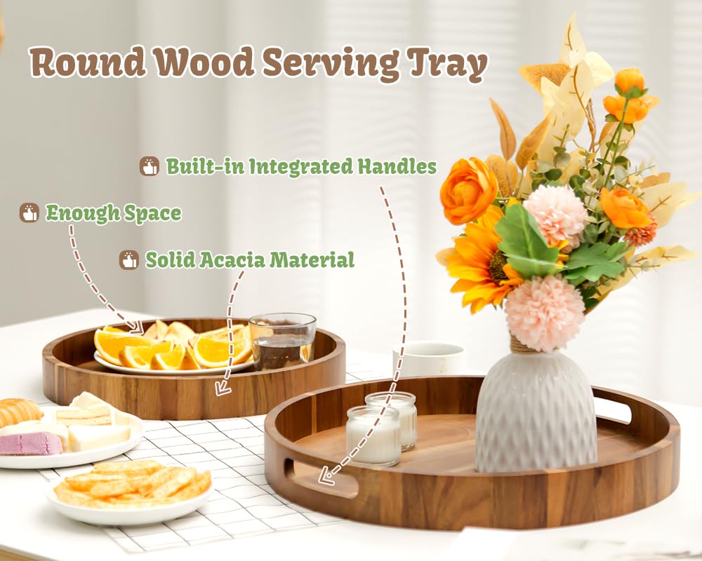 Full Solid Round Decorative Serving Tray | Farmhouse Style Acacia Wood Trays for Ottoman Coffee Table Bath Counter Organizer Tray | Kitchen Tray Platter Living Room Candle Decor | for All Occasion