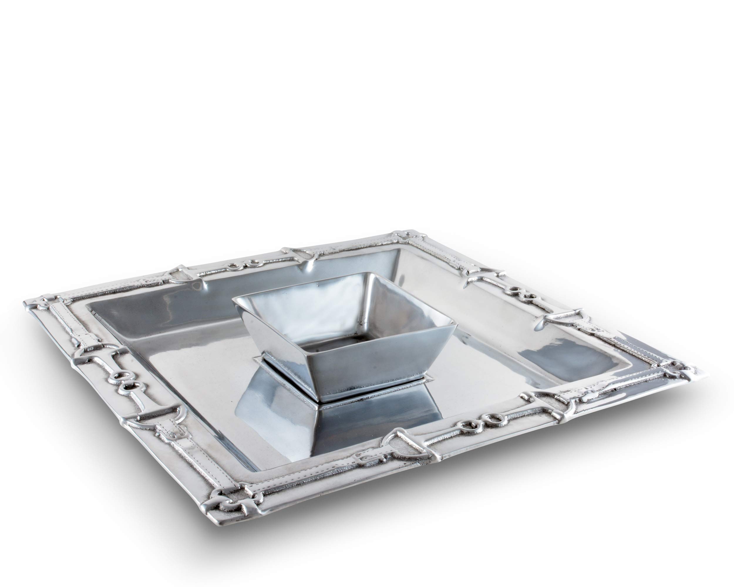 Arthur Court Equestrian Chip and Dip Platter in Bit Pattern with Removable Bowl - Sand Casted in Aluminum with Artisan Quality Hand Polished Designer Tarnish-Free Horse Décor 15 inch Square