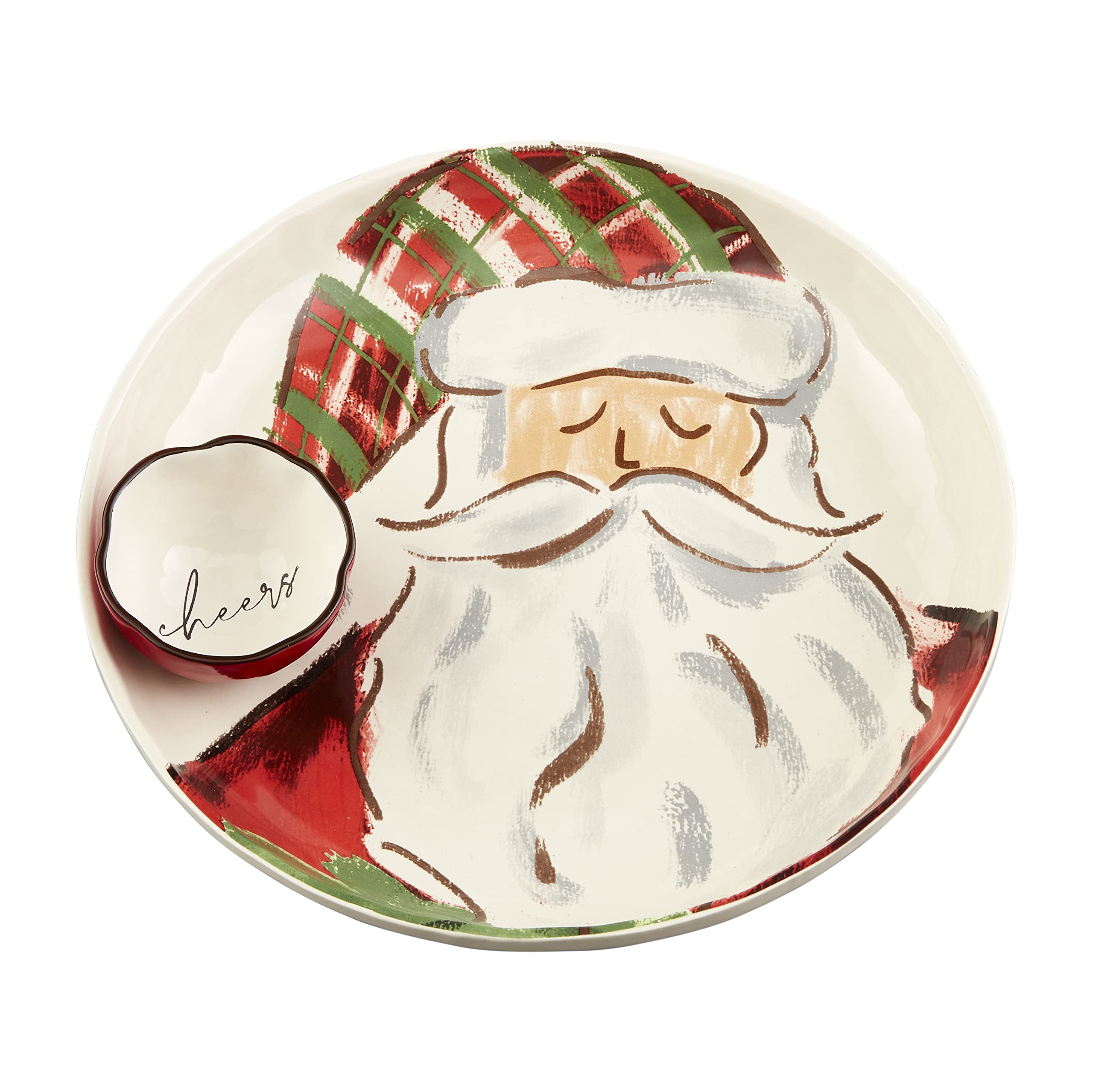 Mud Pie Tartan Christmas Santa Chip & Dip Set, chip 13" dia | dip 2 1/4" x 3 1/2" dia, Multi